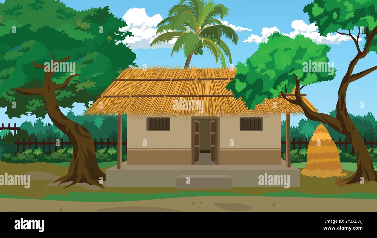 Indian village hut mud wall and thatched straw roof. Asian rural cottage flat design with big ...