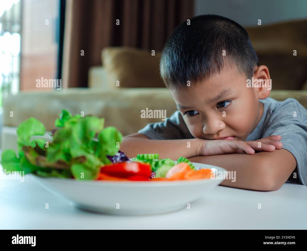 Children do not like to eat vegetables, Little cute boy refuses to eat ...