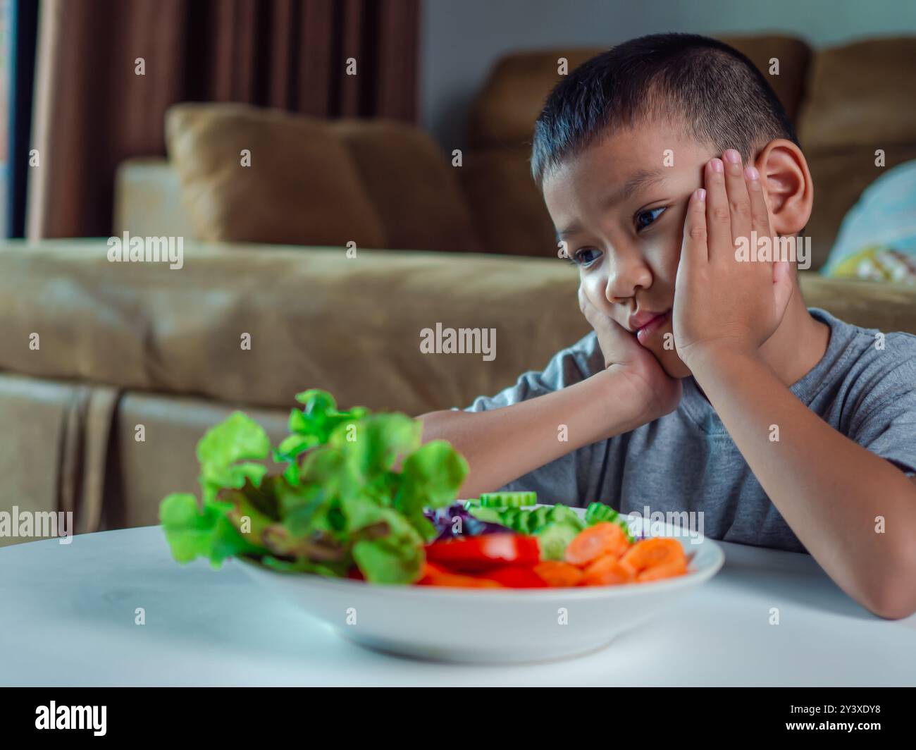 Children do not like to eat vegetables, Little cute boy refuses to eat ...