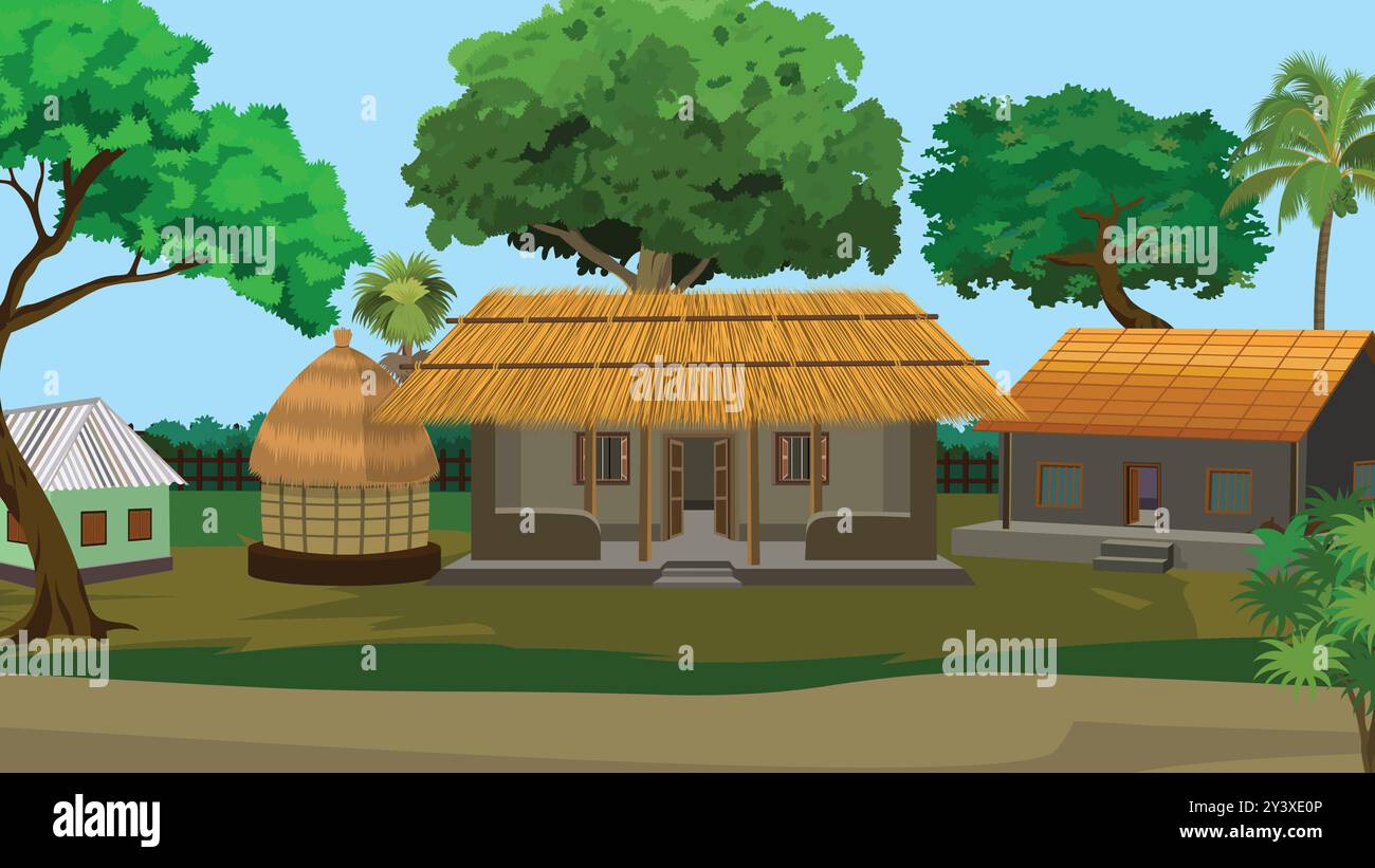 Indian poor house made of mud wall and straw roof . Asian countryside ...