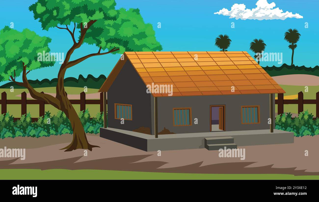 Indian village house for cartoon animation. Asian rural village hut ...