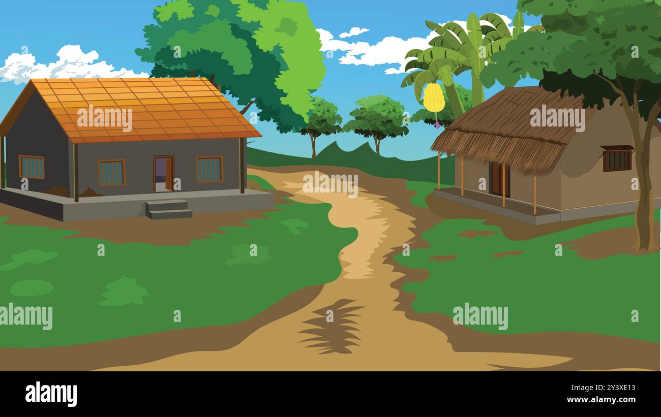 Indian rural Farmer house, poor mud house, Village landscape, tin shade ...