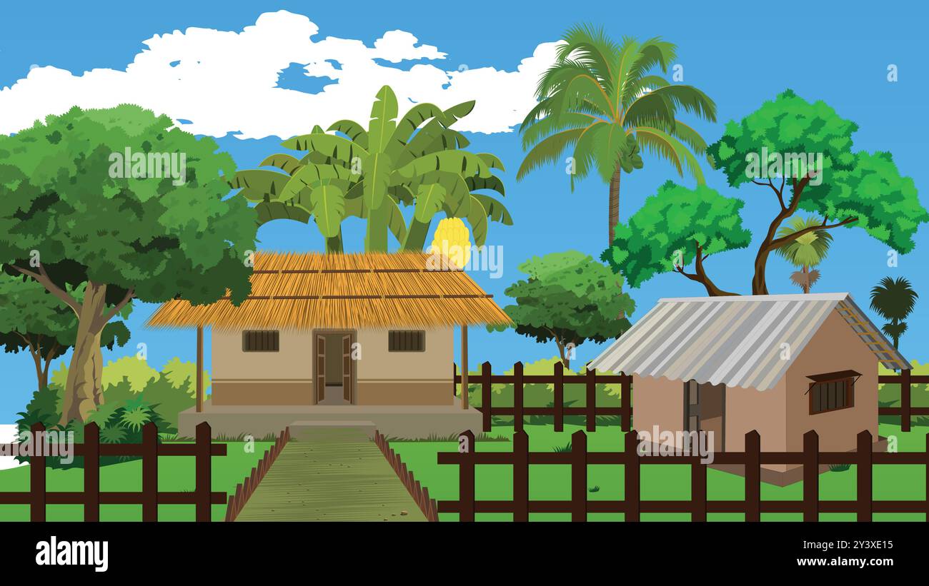 Indian village house surrounded by fence with mud house, tin shade hut ...