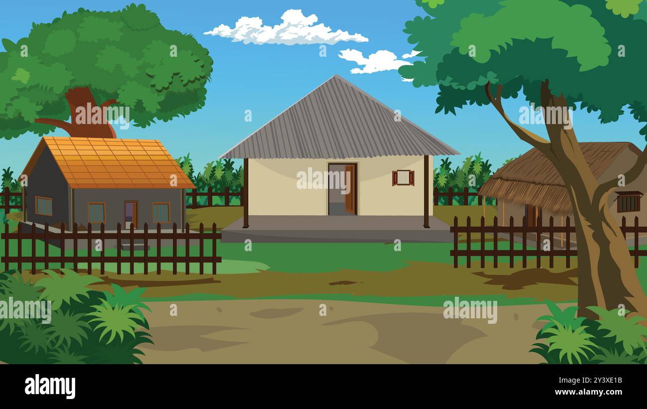 Village landscape, tin shade home, straw hut, Indian village house ...