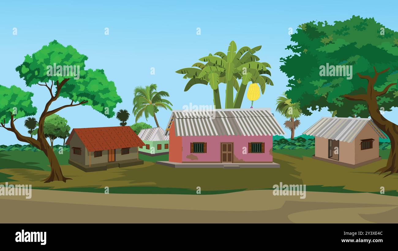 Village roadside house vector for cartoon. Indian house yard. Asian hut ...