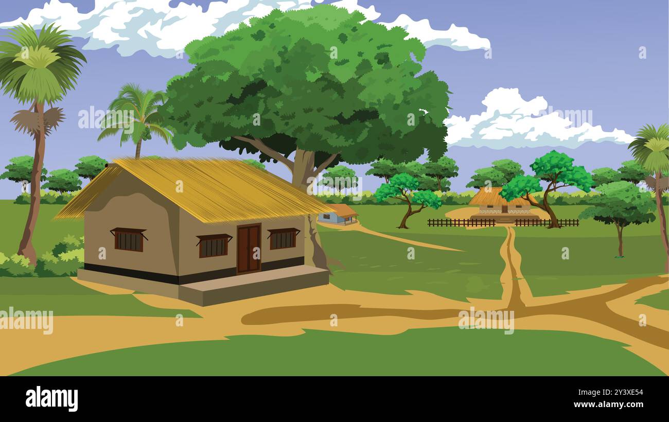Indian village background for cartoon animation . Asian rural village ...