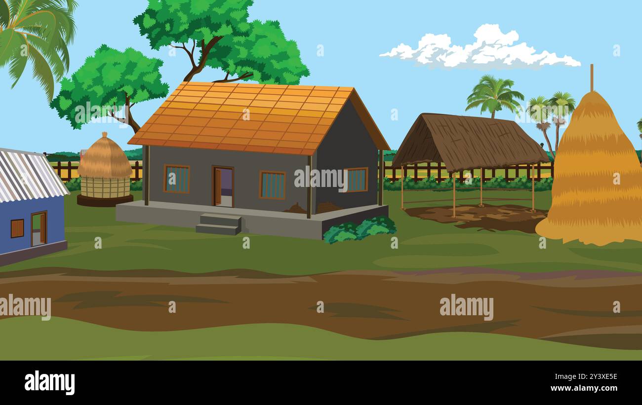 Indian Poor farmer house with cowshed straw pile barn. Indian village ...