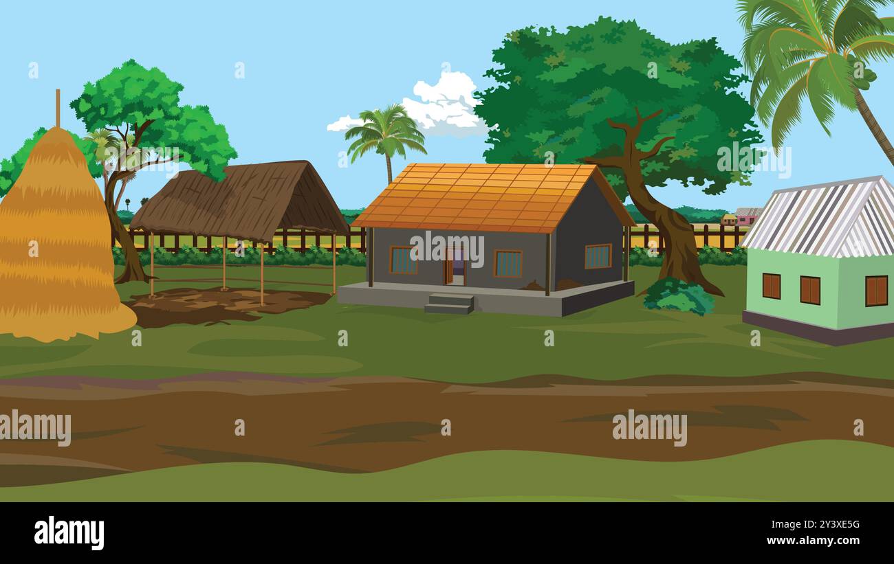 Indian rural Village road background with house and cowshed and straw ...