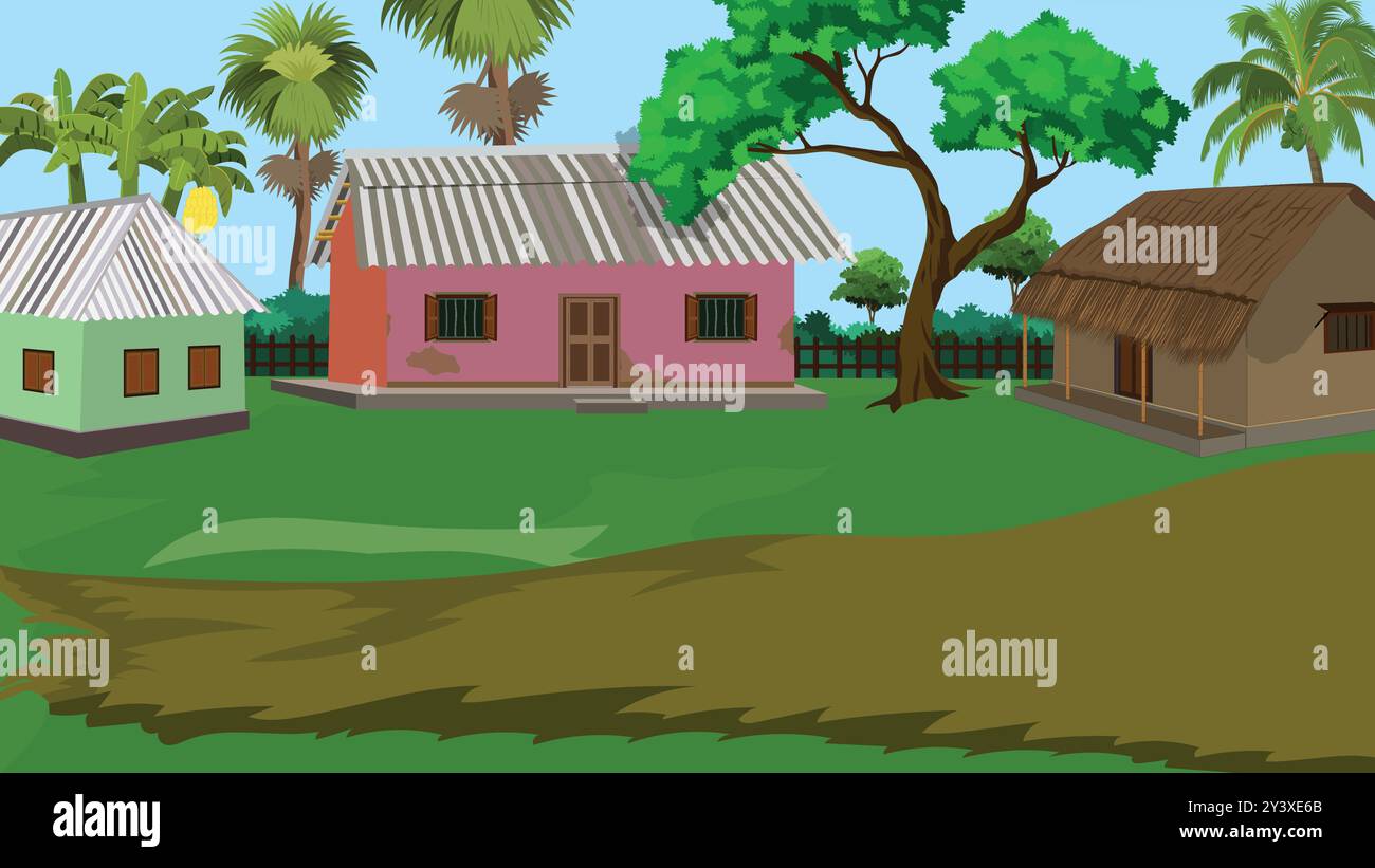 Asian rural village house yard background for cartoon. Indian ...