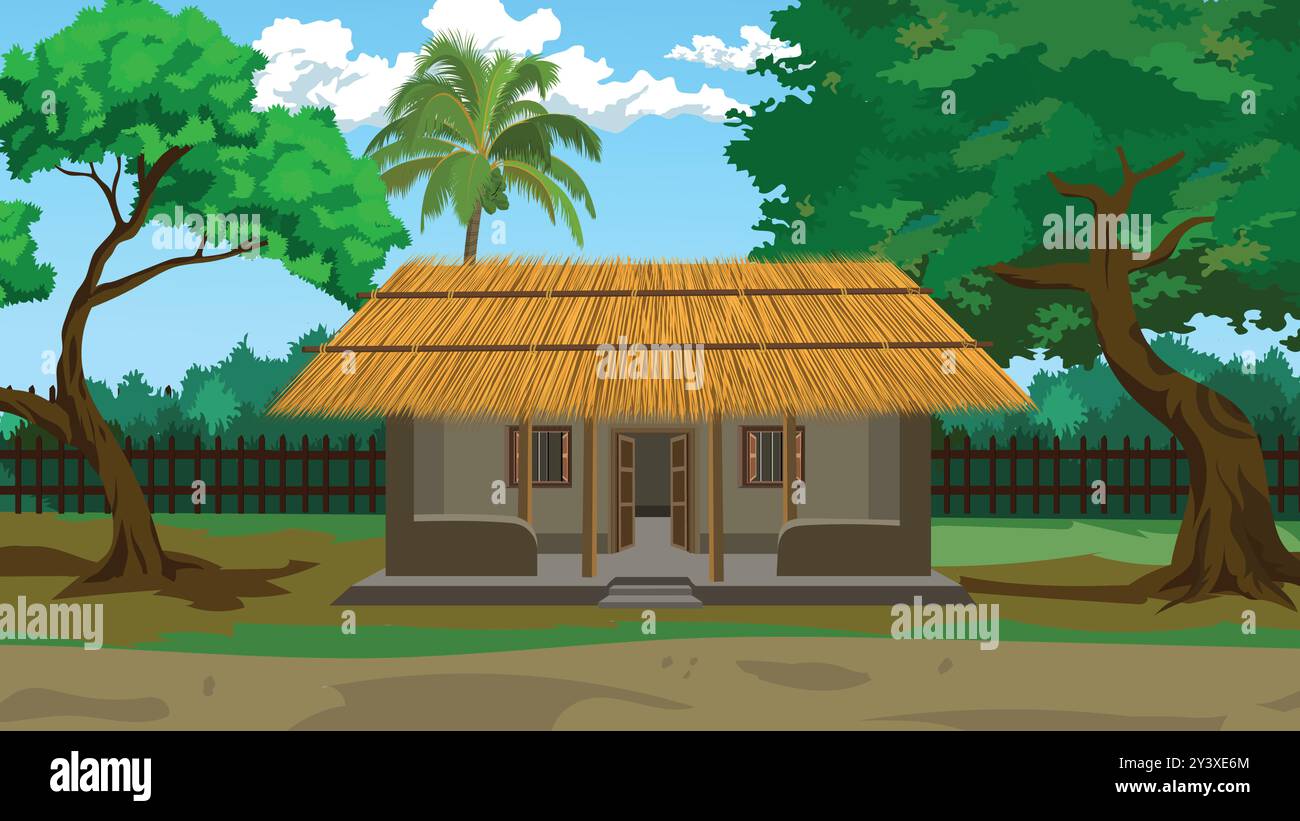 Asian hut made with mud and thatched straw roof with trees and fence ...