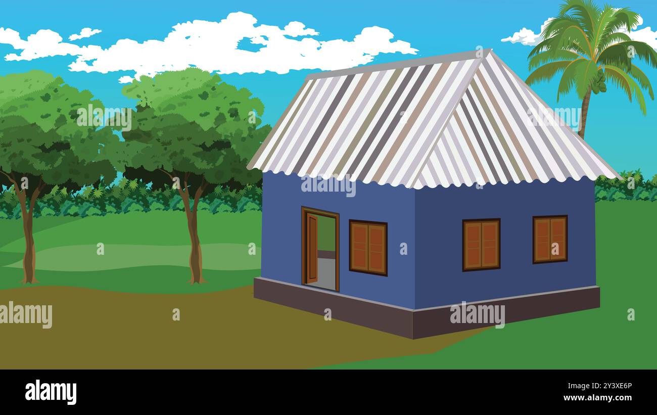 Rural Indian village house compund background. Blue hut with tin shade ...