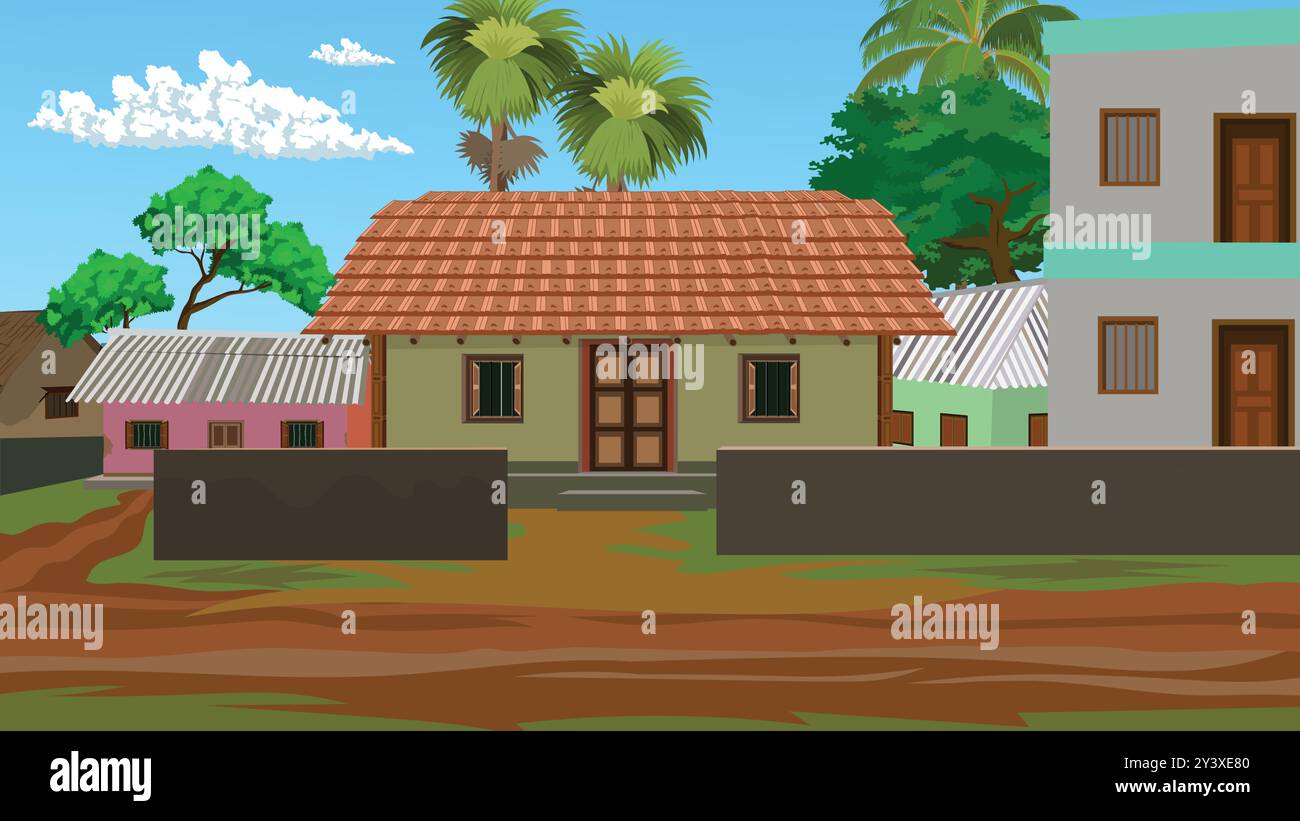 Cartoon village background. Indian village road with hut, house ...