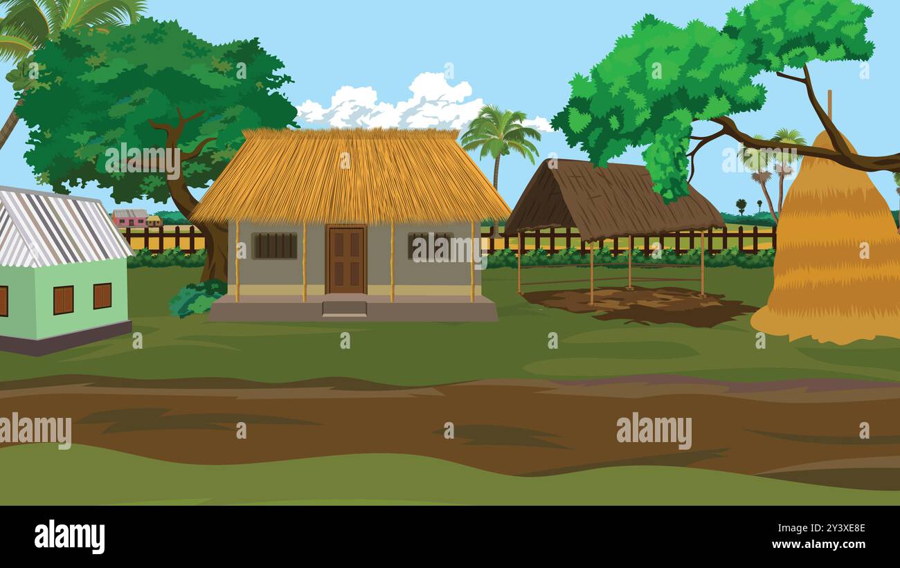 Indian rural village house compound vector background .Village hut with ...