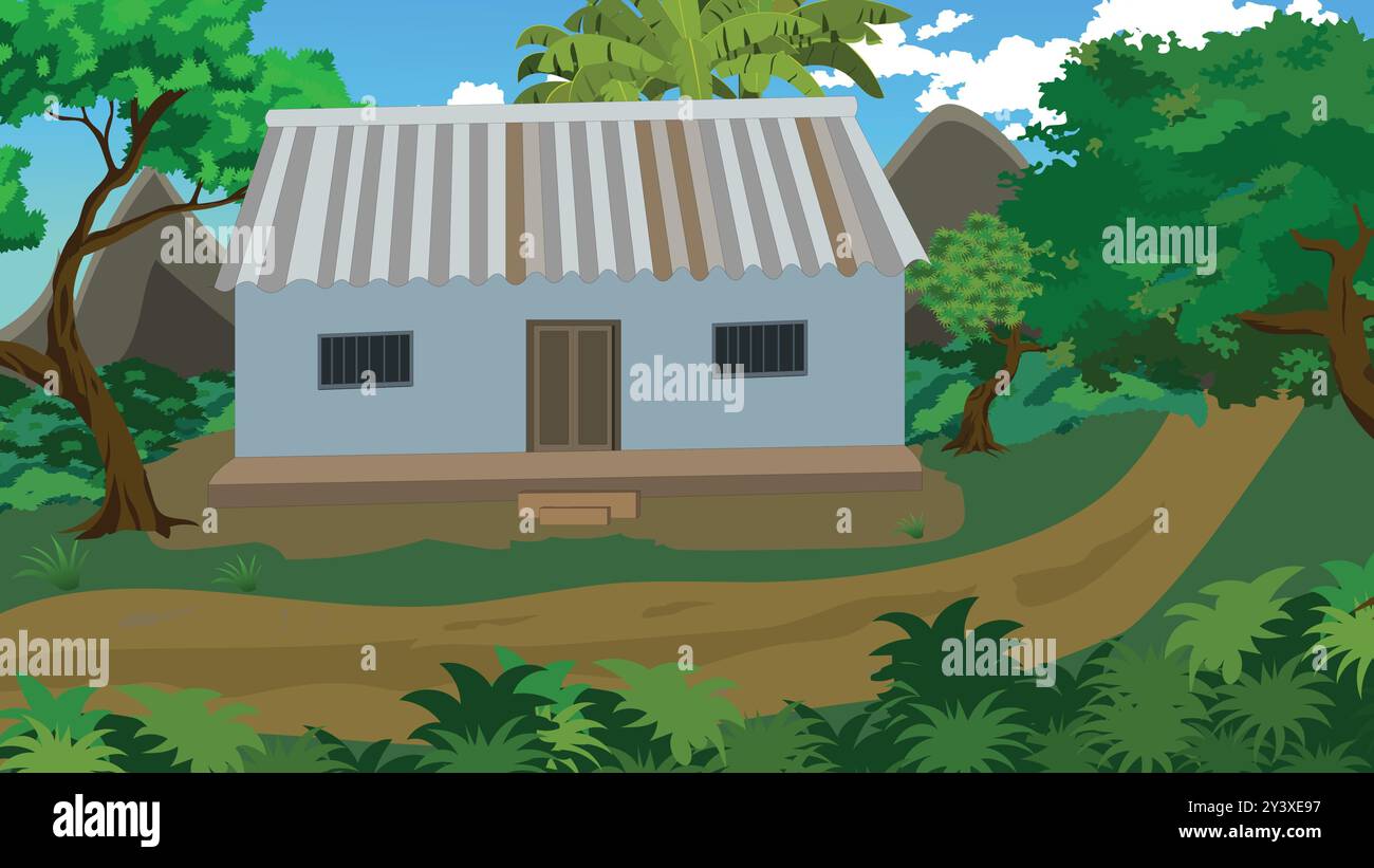 Rural Asian Village house beside a mud road surrounded by a hill,bushes ...