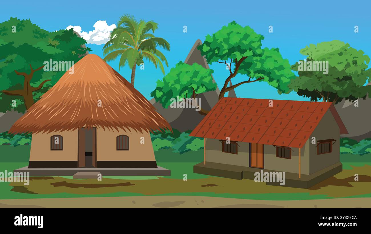 Village of thatched roof houses Stock Vector Images - Alamy