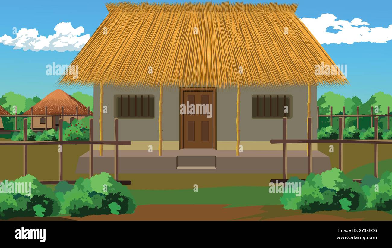 Rural Indian village house compound with a hut bamboo fench,bushes ...