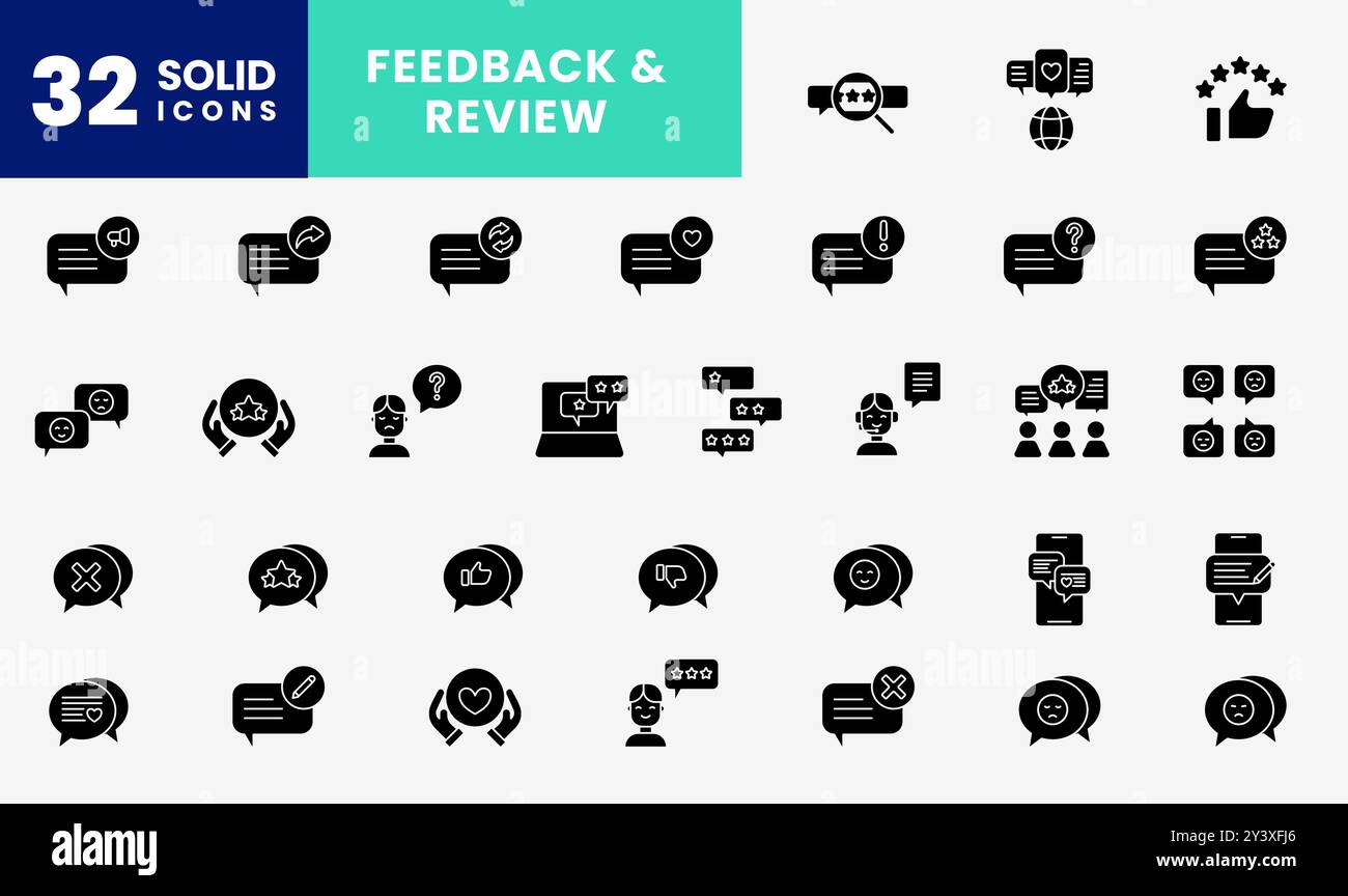 Solid Black Icon set feedback and review, rating stars, customer and customer service or support ...