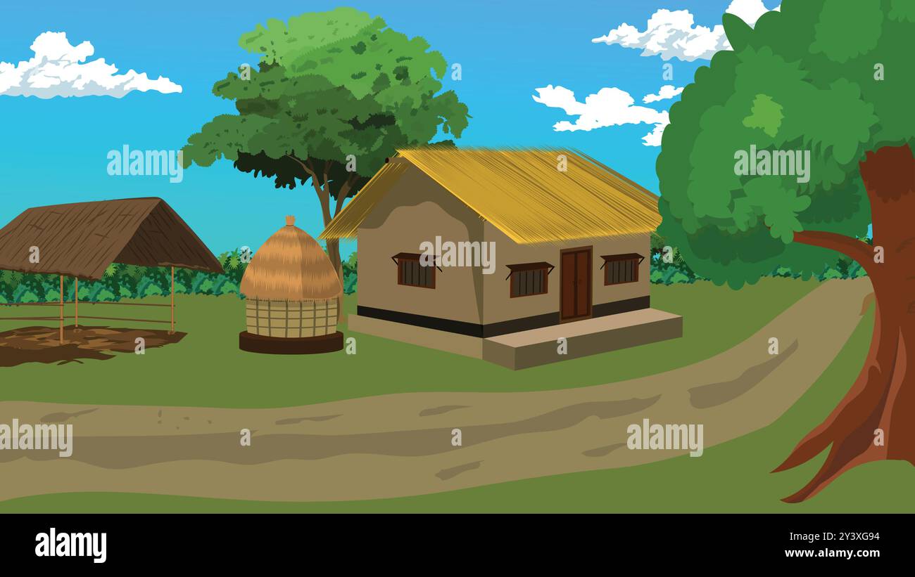 Village road vector.Rural village clay hut with roof made with straw ...
