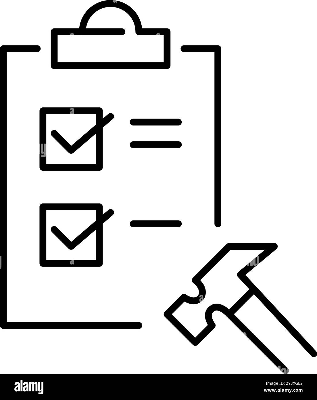 Checklist on clipboard and hammer. Project completion, engineering and ...