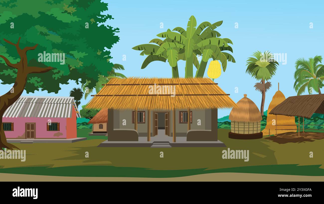 Indian Village farmers house with cowshed and pile of straw and hut ...