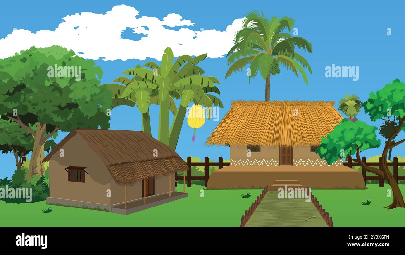 Indian house yard with mud house roof made of straw and mud wall. Asian ...