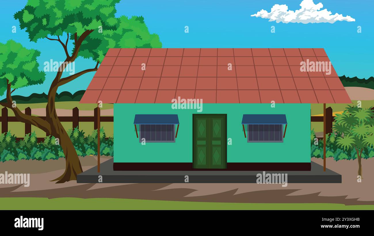 Village rural hut background for cartoon. Indian house landscape ...