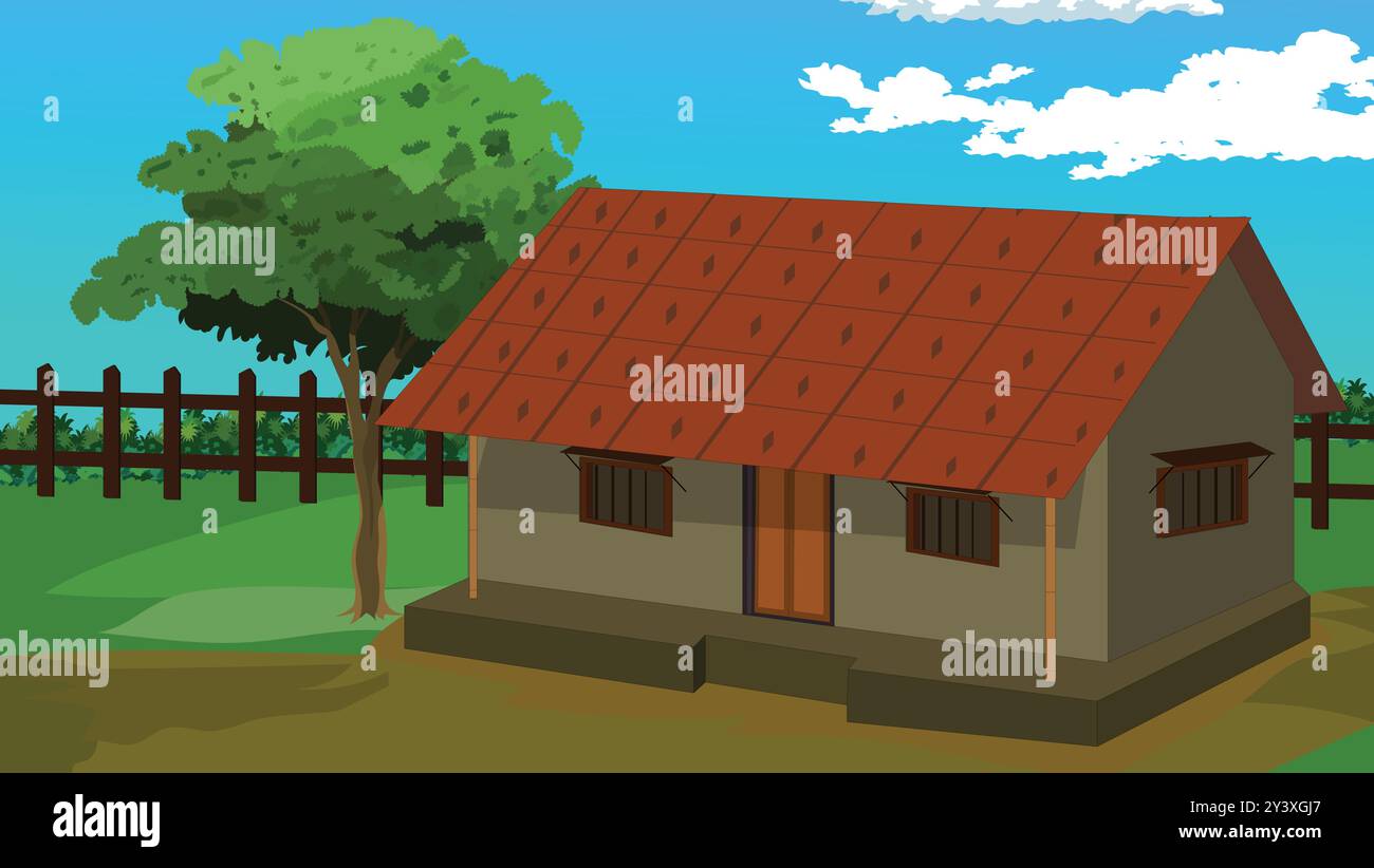 Cartoon village house background. Village rural hut with red tiles roof ...