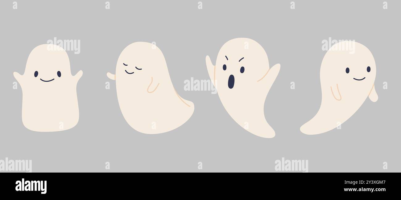 Set of Cute Cartoon Ghosts with Various Expressions. Halloween Vector ...