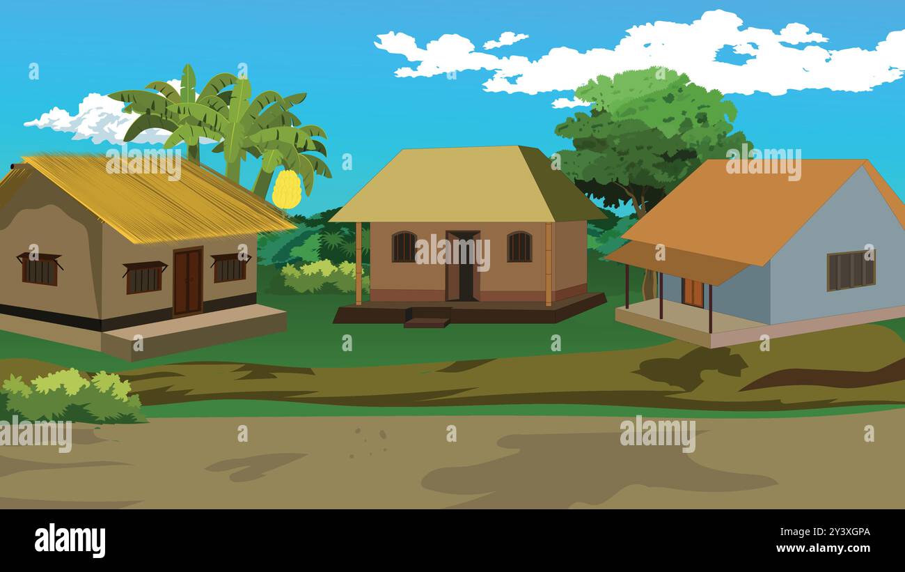 Vector Illustration of Rural Village House Compound with Huts and ...
