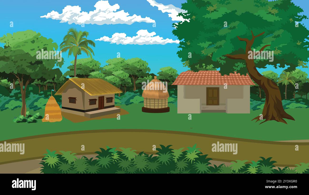 VIllage mud hut with red tiles roof with a crop storage,house made of ...