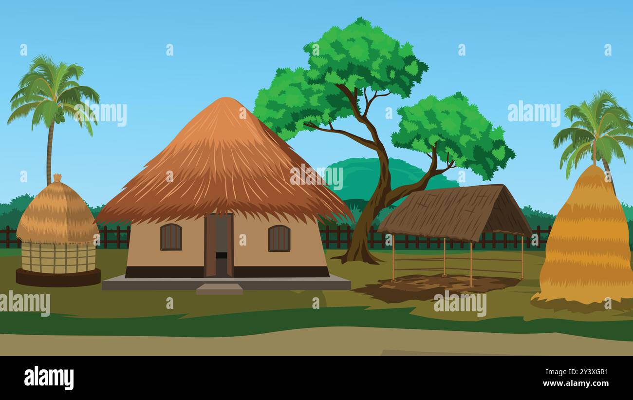 Asian poor farmers house vector illustration. Indian village hut for ...