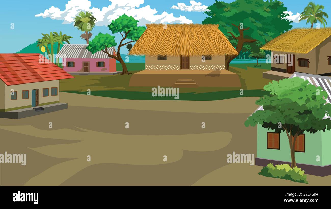 Indian village background illustration. Vector animation of a rural ...