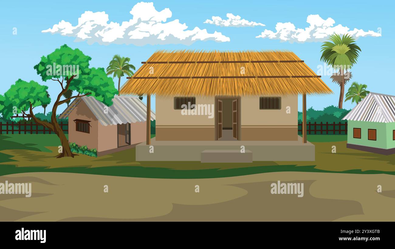 Indian Village house yard. Asian village road side cottage. Hut ...