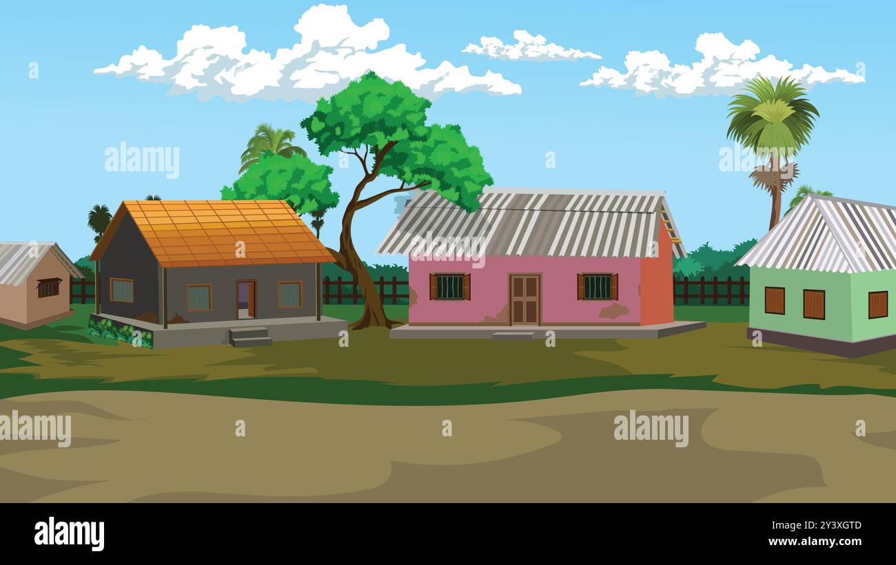 Cartoon village road landscape. Indian poor farmer house yard. Asian ...