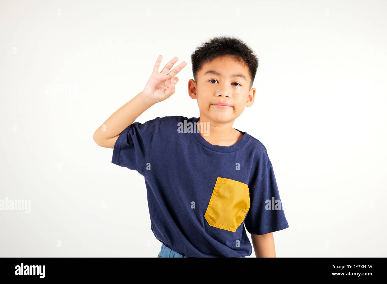 Exuberant young kid boy showcases the OK sign with an optimistic smile ...
