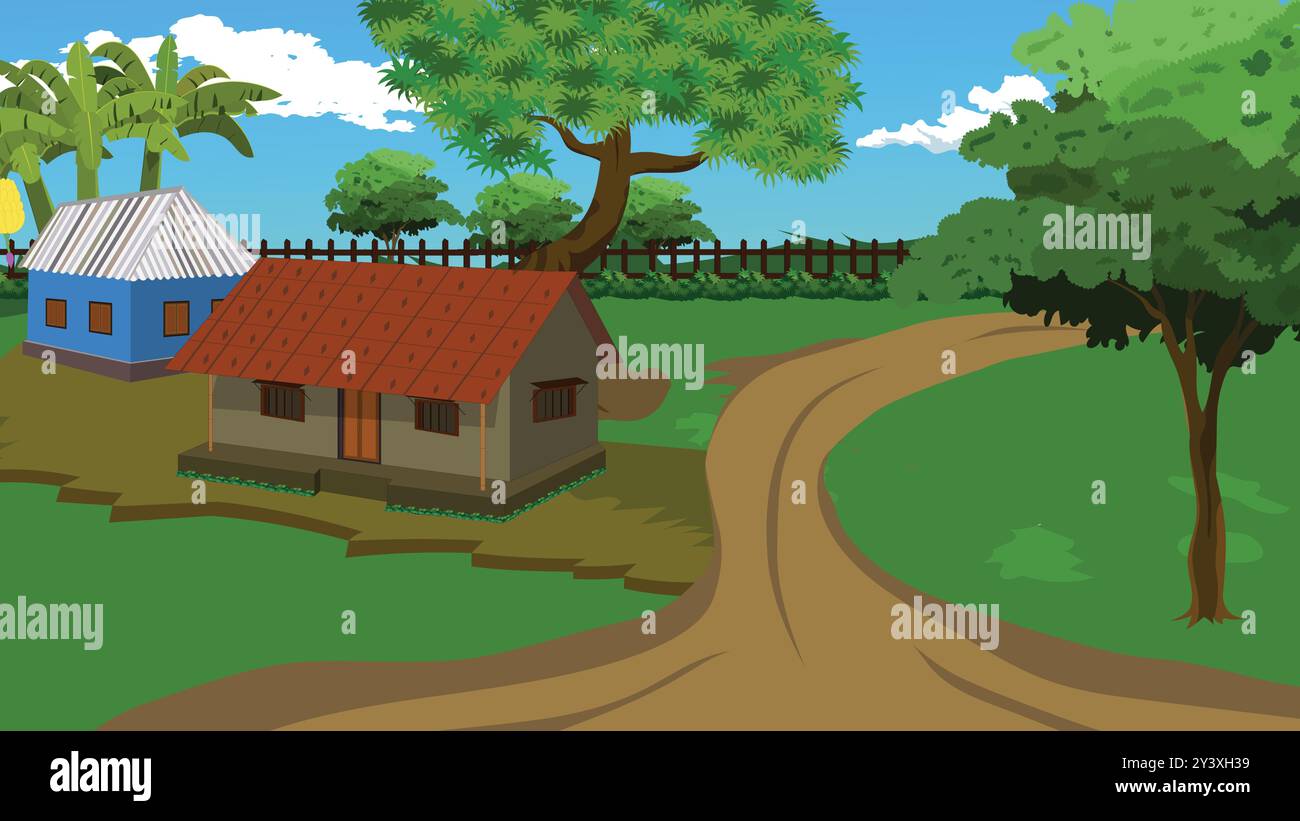 A cartoon drawing of a rural area with two houses and a road.Cartoon ...