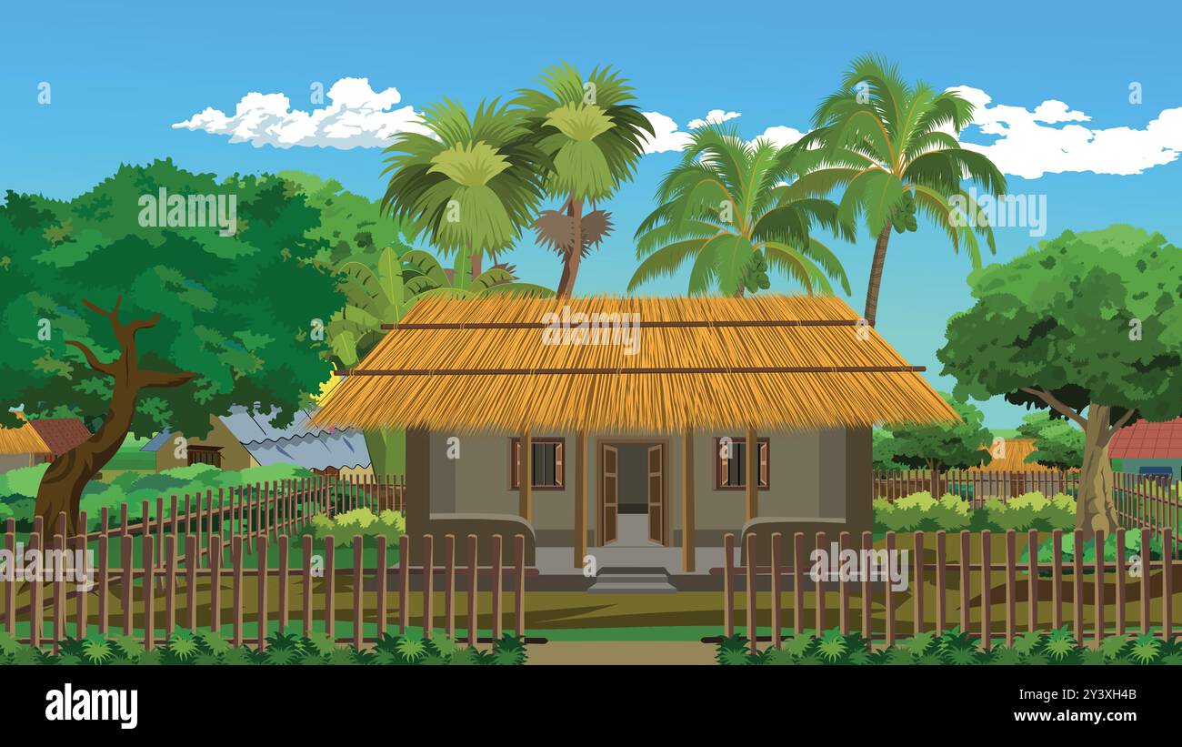 Indian rural village house compound vector background .Village hut with ...