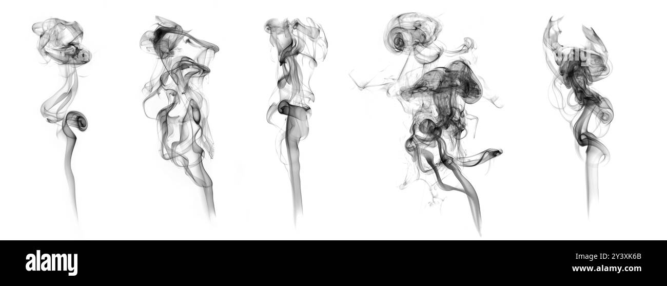 Series of gray smoke shapes rising up against a white background ...