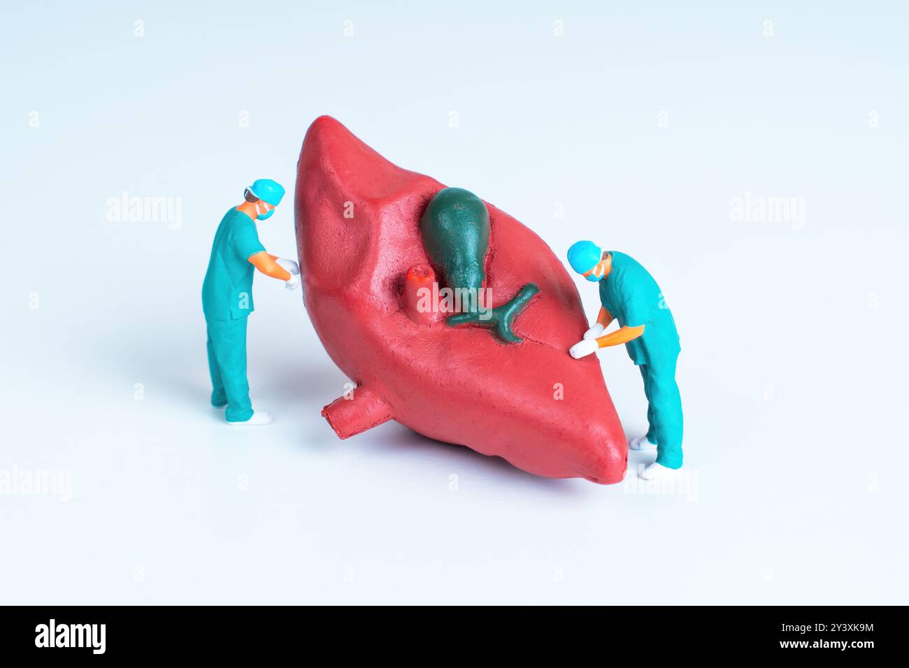 Two miniature surgeons conducting a procedure on a huge vibrant liver ...