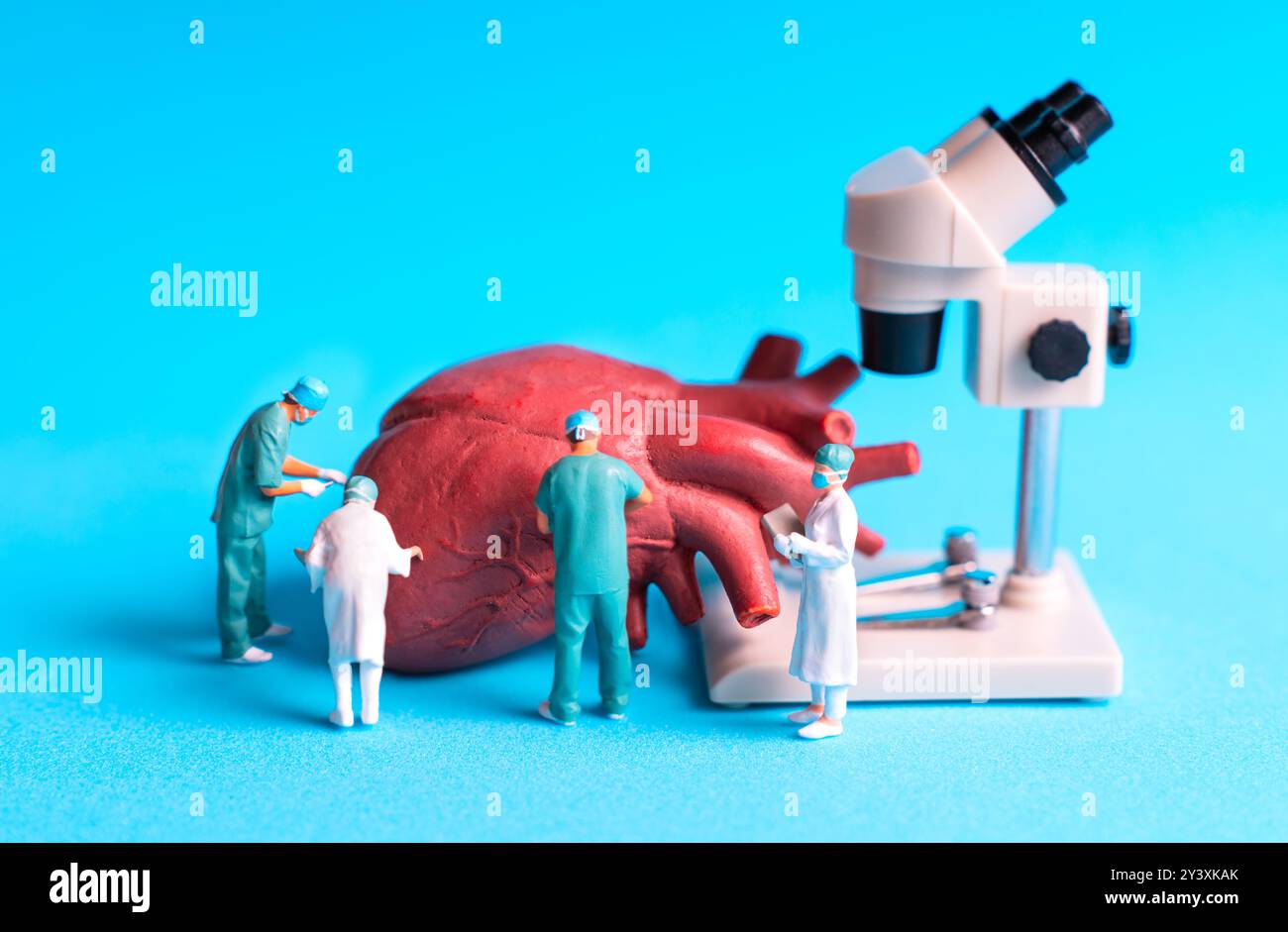Miniature doctors analyzing a heart model using a microscope ...