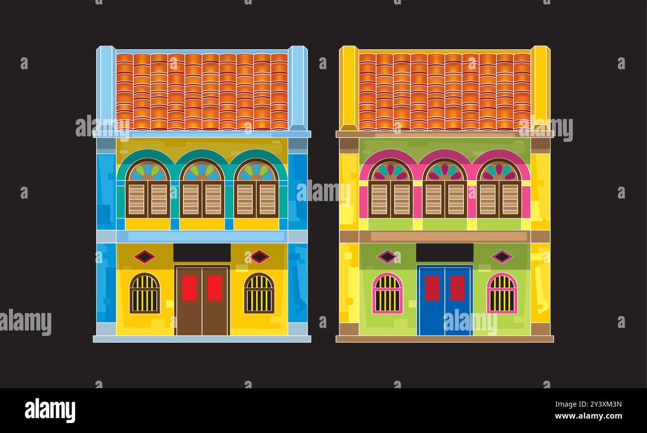 Colorful and historical colonial style double storey terrace shop house ...