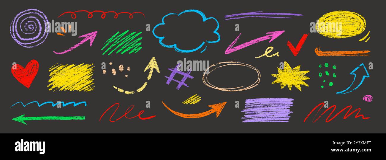 Crayon pencil color brush hand drawn chalk vector element set. Scribble ...
