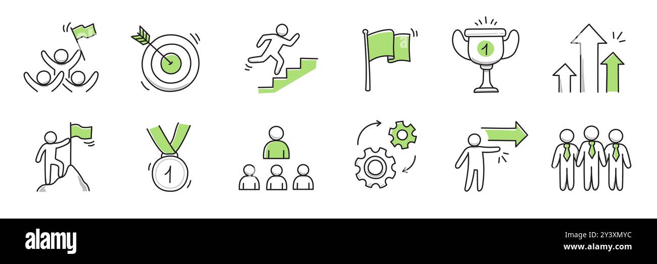 Doodle career icon set. Success winner, business goal, challenge hand ...