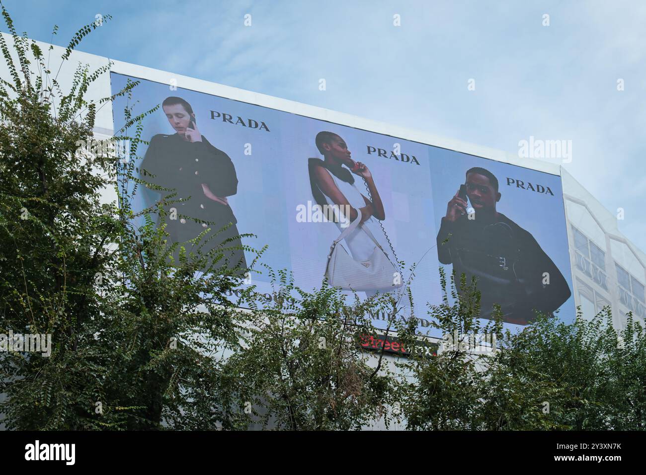 Milano, Italy, fall 2024, wide advertising billboard of Prada brand in ...
