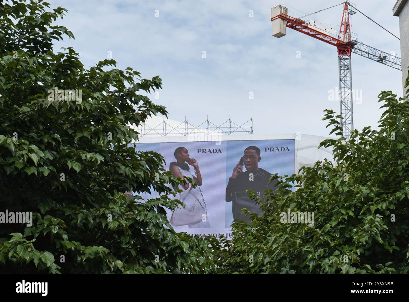 Milano, Italy, fall 2024, wide advertising billboard of Prada brand in ...