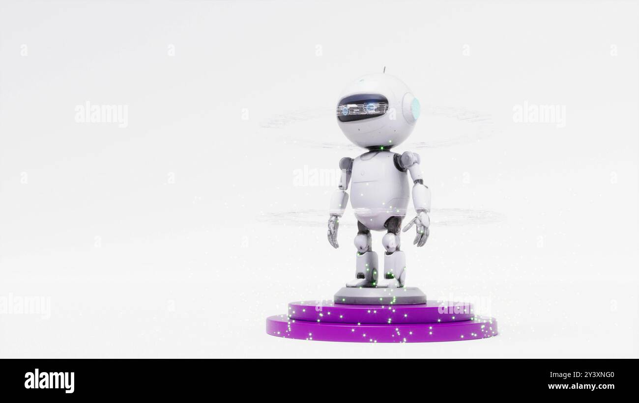 3D cyber bot robot helper on purple stages 3d render Stock Photo - Alamy