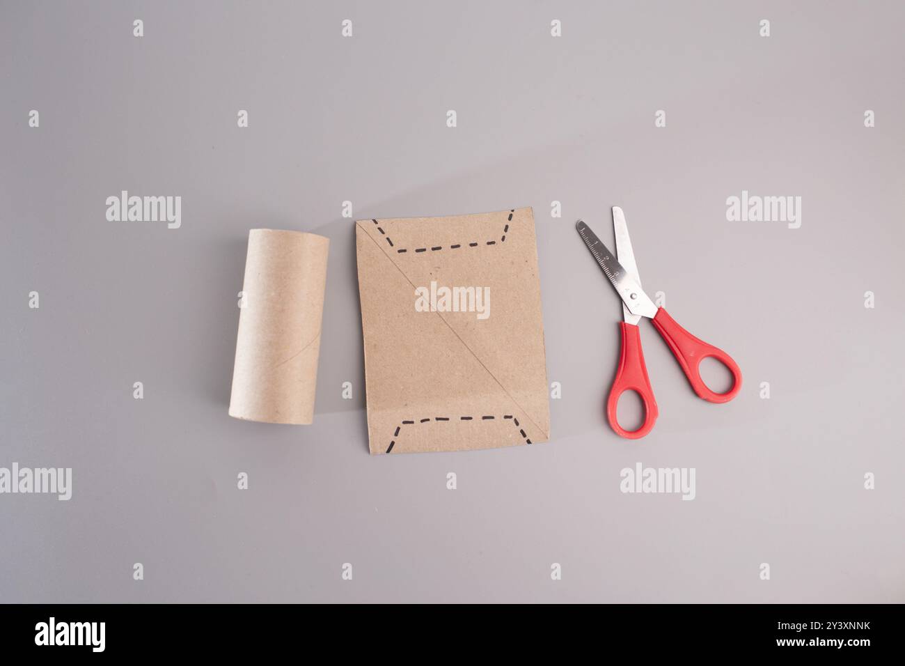 DIY paper ram craft Making: Scissors, paper arranged on grey. Back shot ...