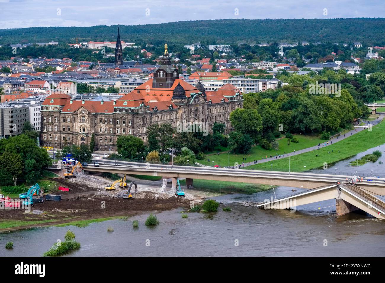 Aerial view of the demolition site of the blasted section of the ...