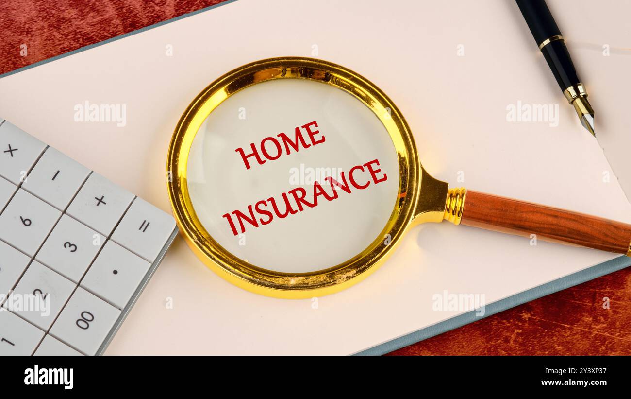 HOME INSURANCE words written through a magnifying glass in red letters ...