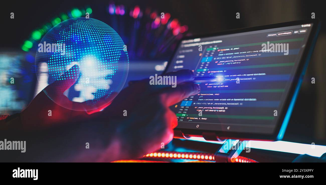 Computer Monitor With Abstract World Map And Binary Code Programming Anywhere In The World